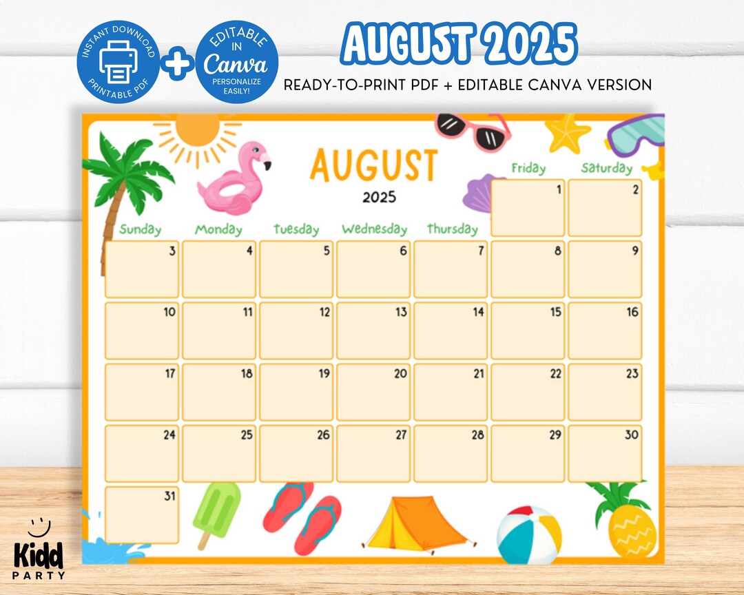 Editable August 2025 Calendar, Kids School Calendar, Printable August ...