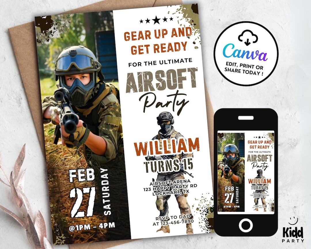Editable Airsoft Party Invitation With Photo, Camo Military Flyer ...
