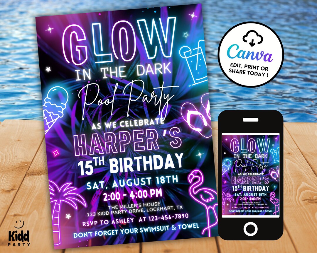 Glow in the Dark Pool Party Birthday Invitation, Glow Summer Party ...