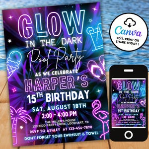 Glow in the Dark Pool Party Birthday Invitation, Glow Summer Party ...