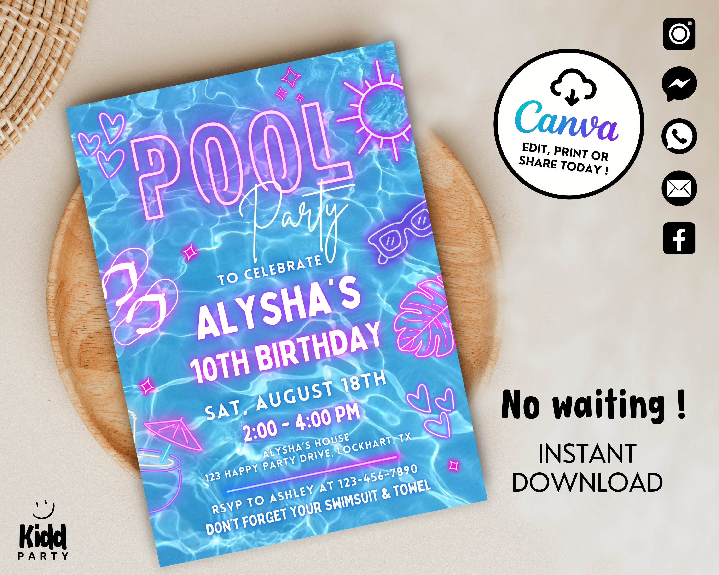 Neon Pool Party Birthday Invitation, Pink Summer Pool Party, Tropical ...