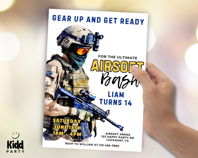 Editable Airsoft Party Invitation Blue Yellow Flyer Airsoft Game Ammo ...