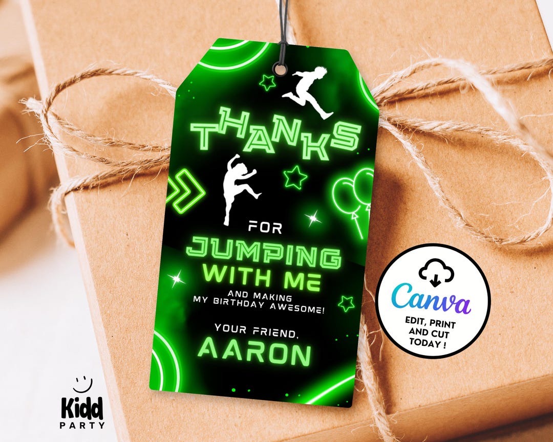 Editable Jump Favor Tag, Glow Jump Birthday Gift Tag, Neon Green ...