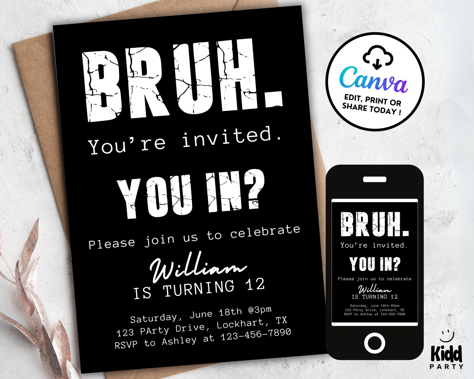 Bruh Birthday Invitation Template - Black and White Modern Canva Invite ...