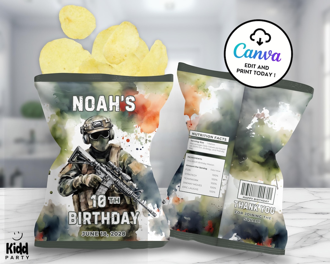 Army Chip Bag Label Template, Airsoft Birthday Party Favor Printable ...
