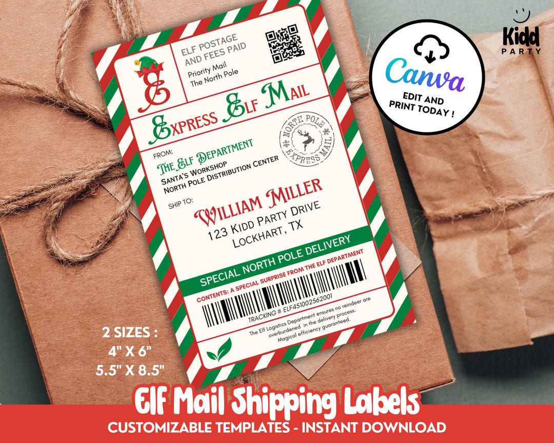 Editable Elf Mail Shipping Label, Santa Mail, Elf Shipping Stickers ...