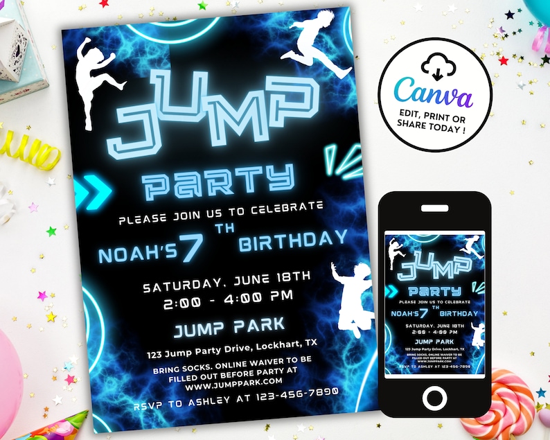 Editable Neon Blue Jump Birthday Party Invitation - Trampoline Party ...