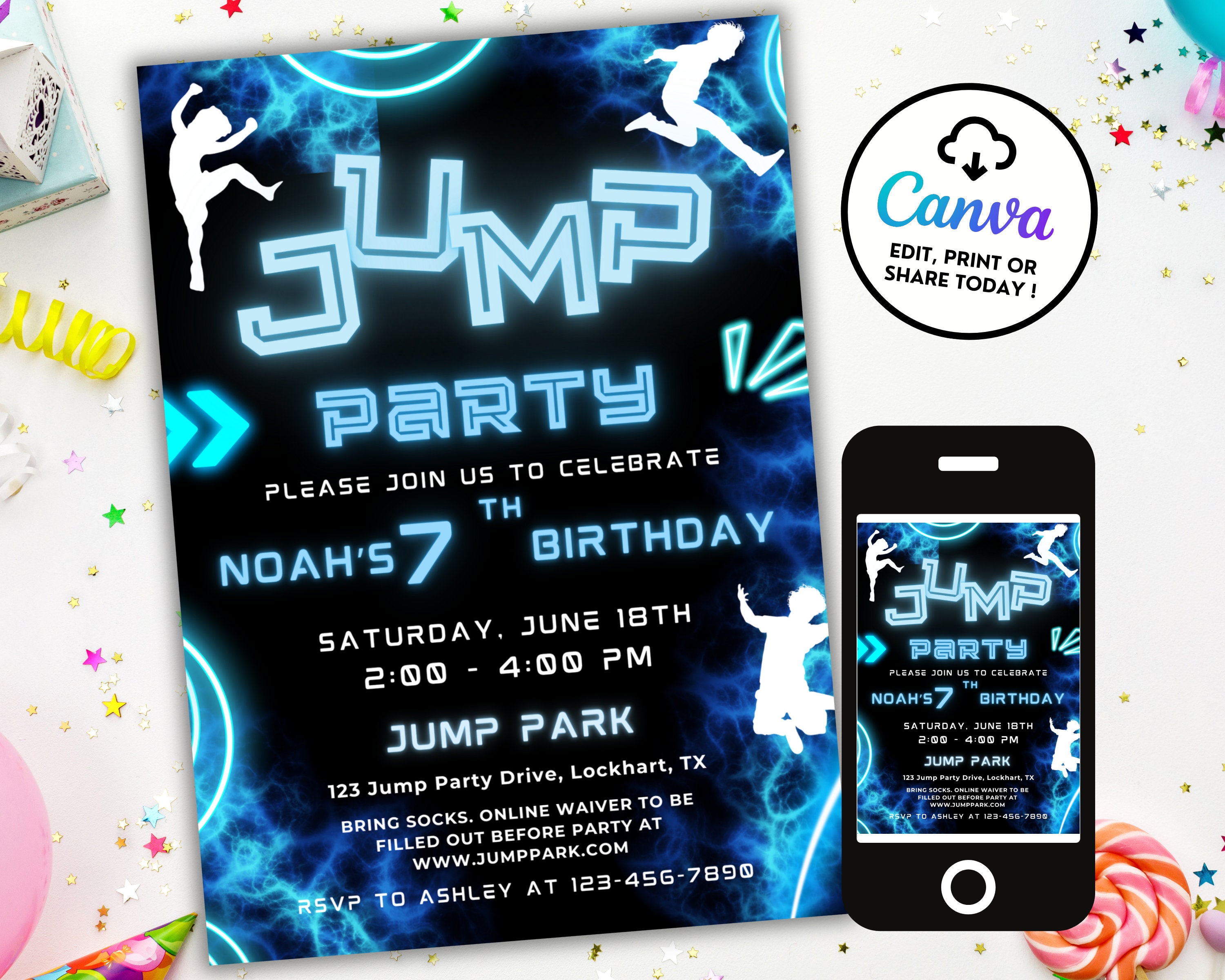 Editable Neon Blue Jump Birthday Party Invitation - Trampoline Party ...