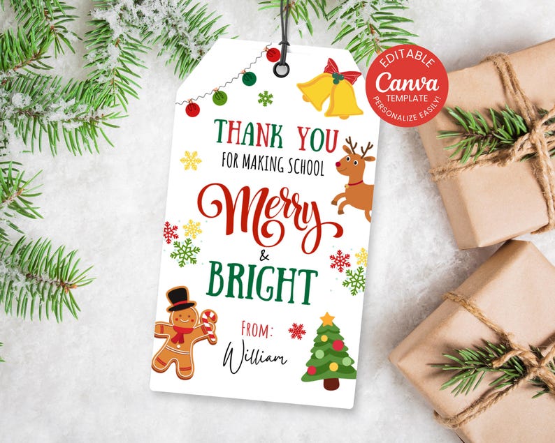 Editable Christmas Teacher Gift Tags, Holiday Appreciation Label, Merry ...