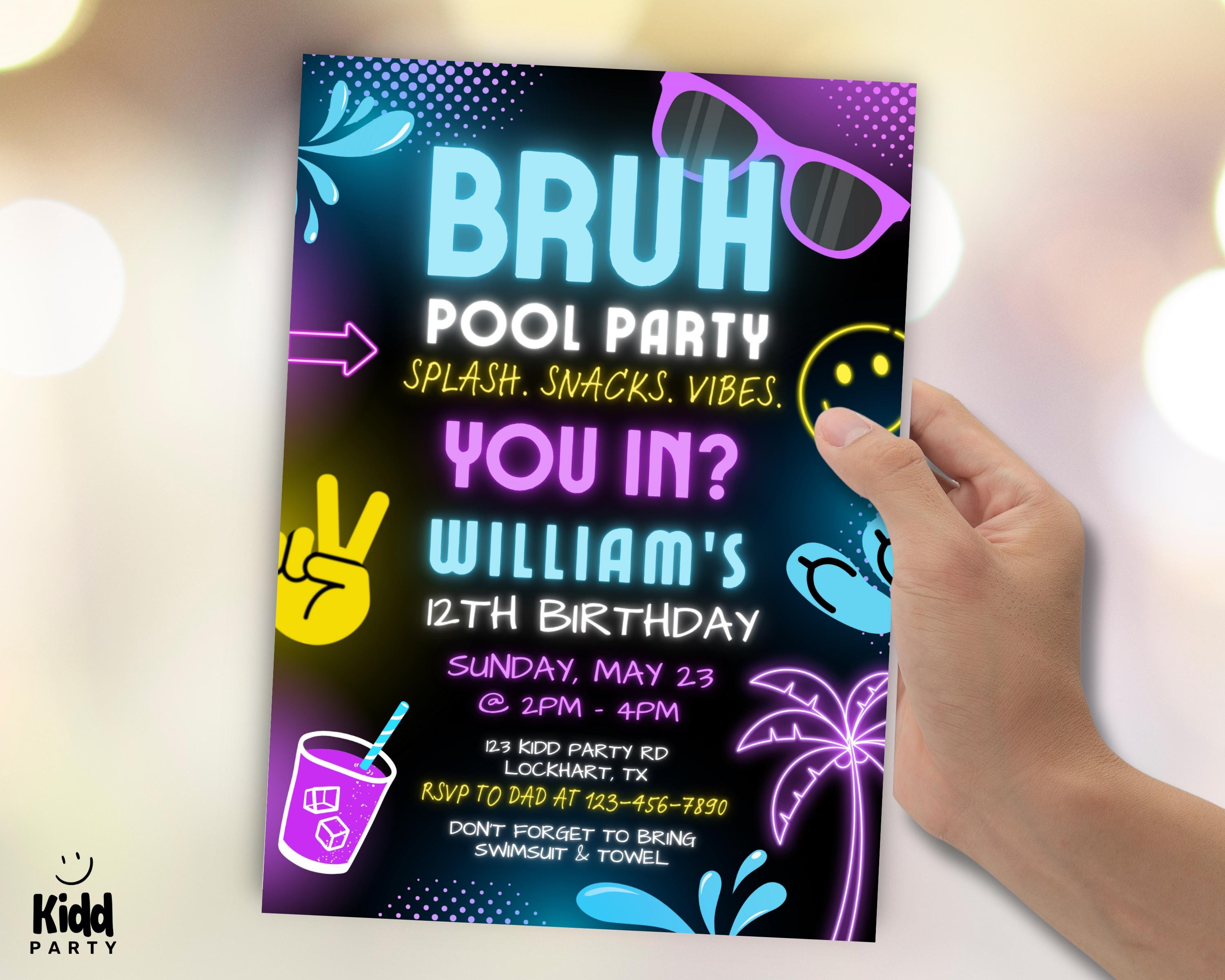 Neon Bruh Pool Party Invite, Summer Birthday Invitation, Neon Bruh ...