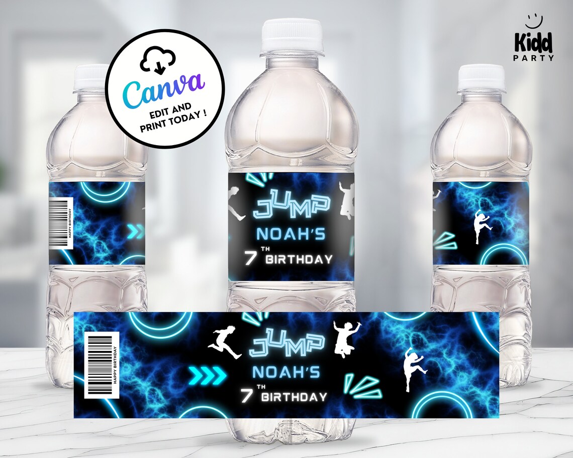 Editable Blue Neon Jump Bottle Label Template Birthday Party Favor ...