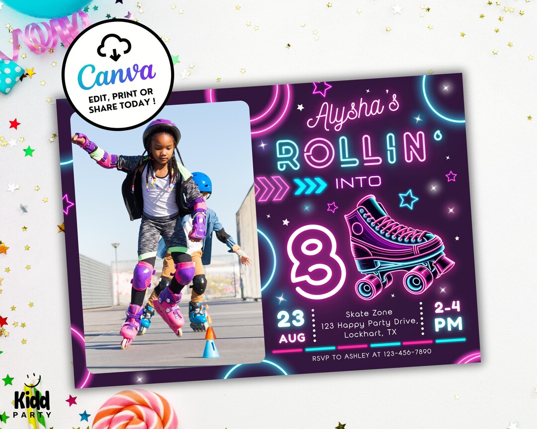 Editable Girl Neon Roller Skate Birthday Invitation With Photo, Glow in ...