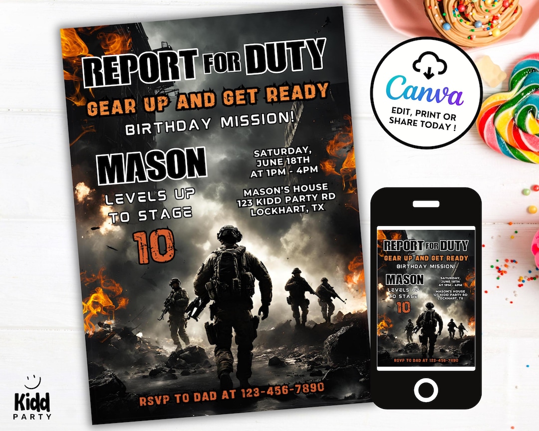 Editable Report for Duty Invitation, Birthday Mission, Soldiers ...