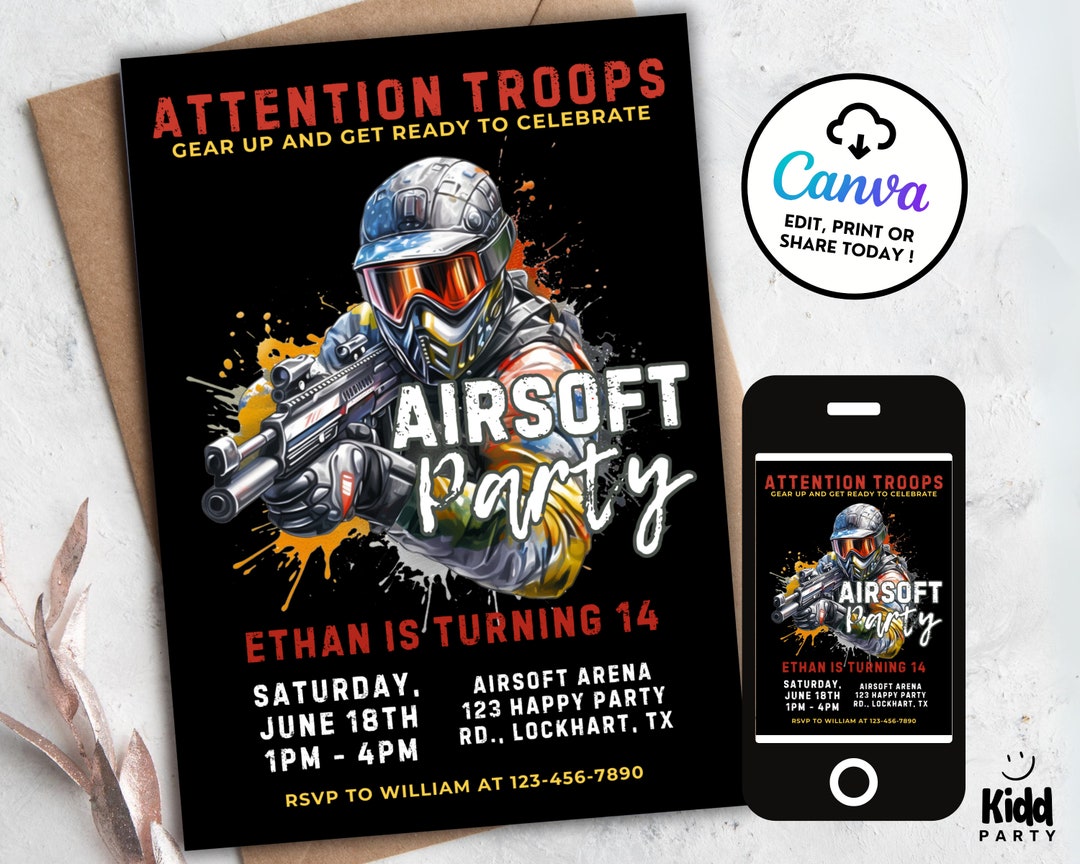 Editable Airsoft Party Invitation - Red Black Flyer - Airsoft Game ...