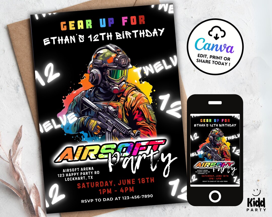 Editable Airsoft Party Invitation Colorful Flyer Airsoft Game Ammo and ...
