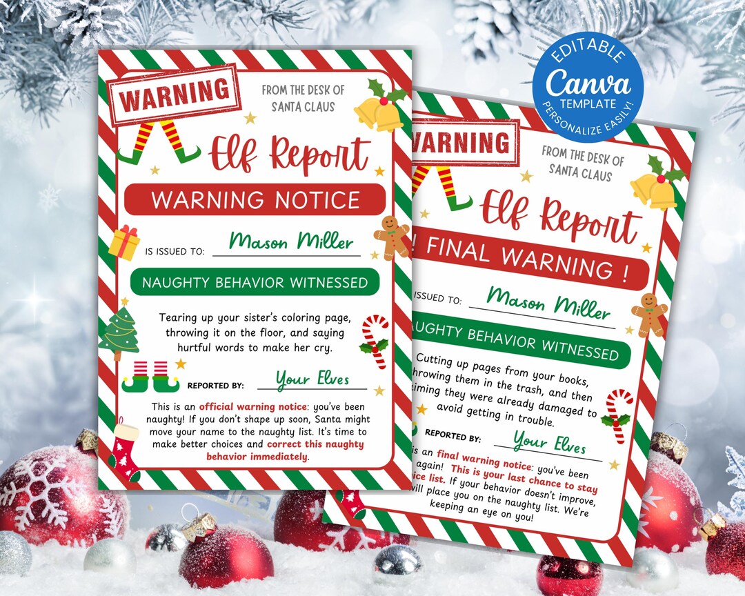 Editable Elf Report, Warning Notice, Printable Two Elves Letter ...