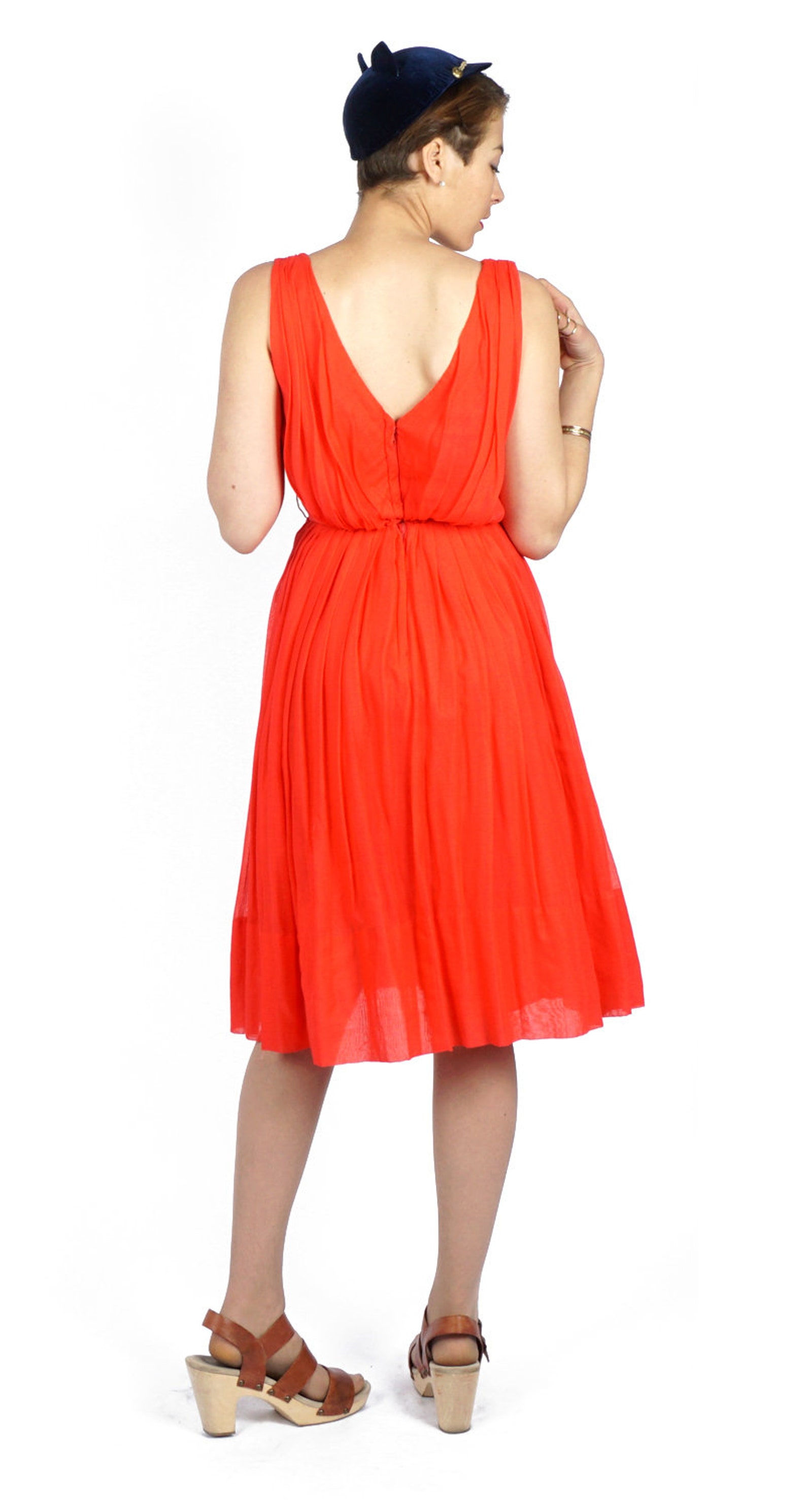 Vintage 1960s Bright Red Cotton Crossover Bodice Sleeveless Party Dress ...