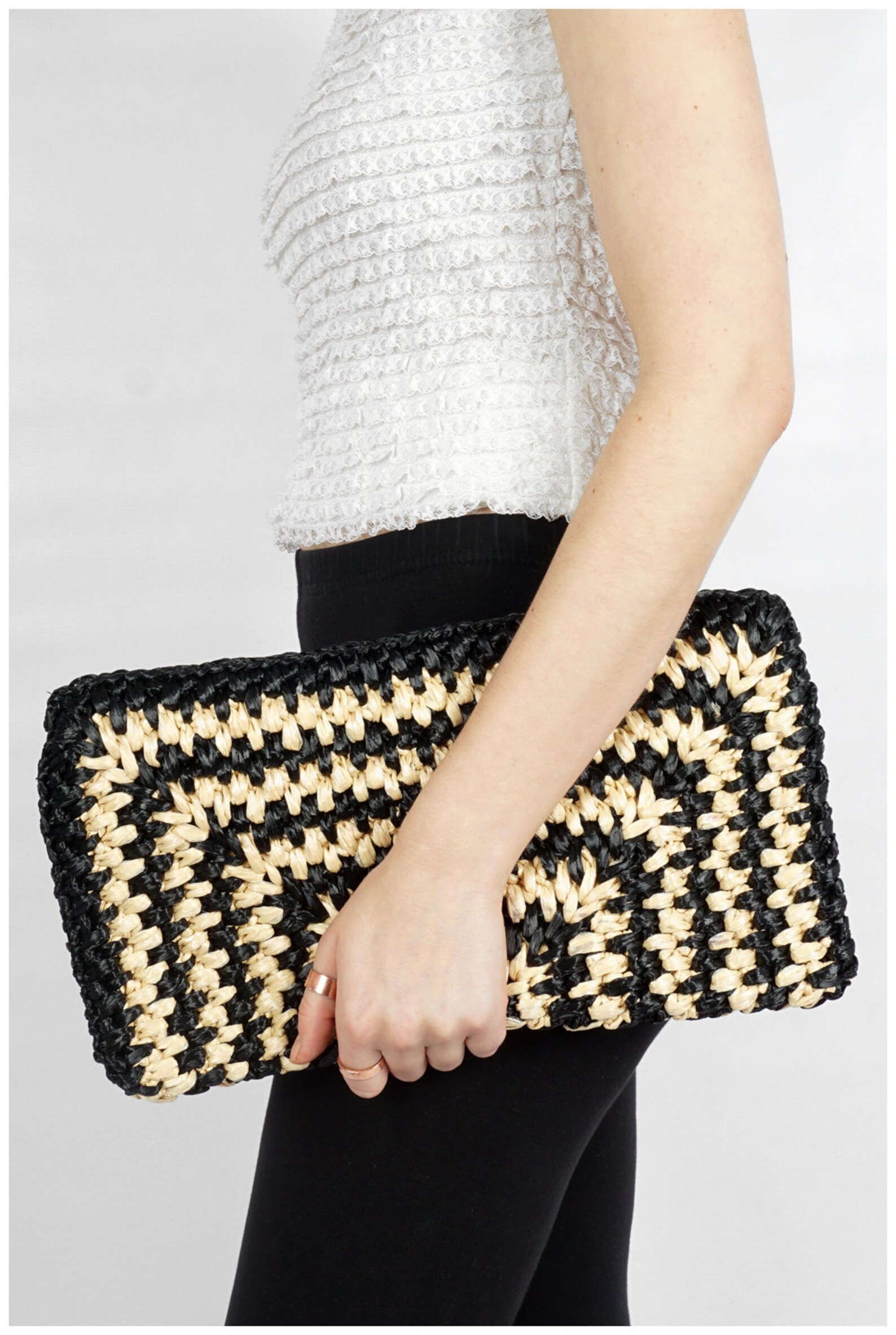 Vintage Crocheted Raffia Black and White Geometric Striped | Etsy