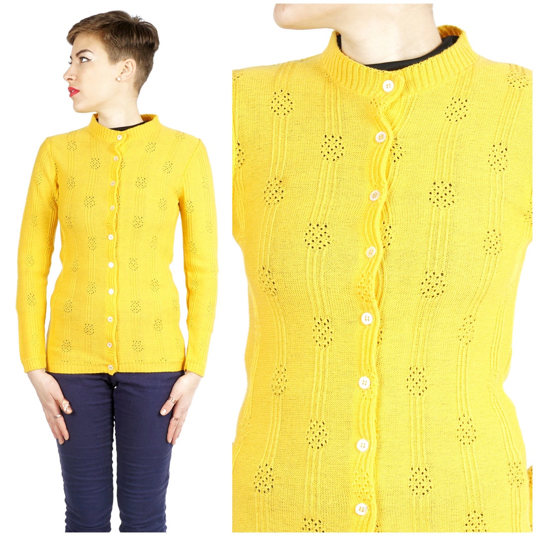 Vintage 1970s Canary Yellow Button-up Cardigan Sweater With Stripe and ...