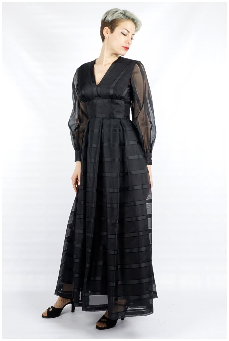 Fabulous Vintage 1960s/70s Black Ribbon and Mesh Long Sleeve Maxi Gown ...