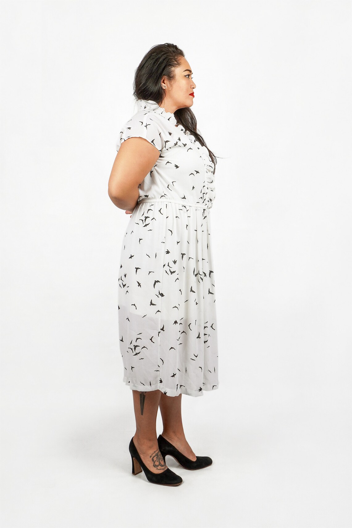 Vintage 1980s White & Black Ruffle Bird Print Dress by - Etsy