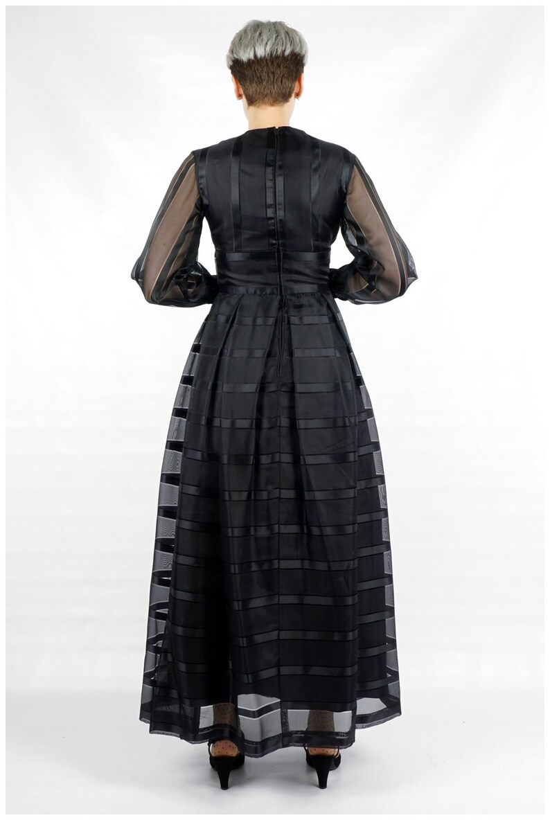 Fabulous Vintage 1960s/70s Black Ribbon and Mesh Long Sleeve Maxi Gown ...