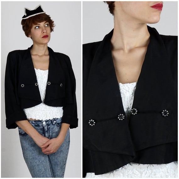 Vintage 1960s Black Micro Cropped Swing Bolero Jacket… - Gem
