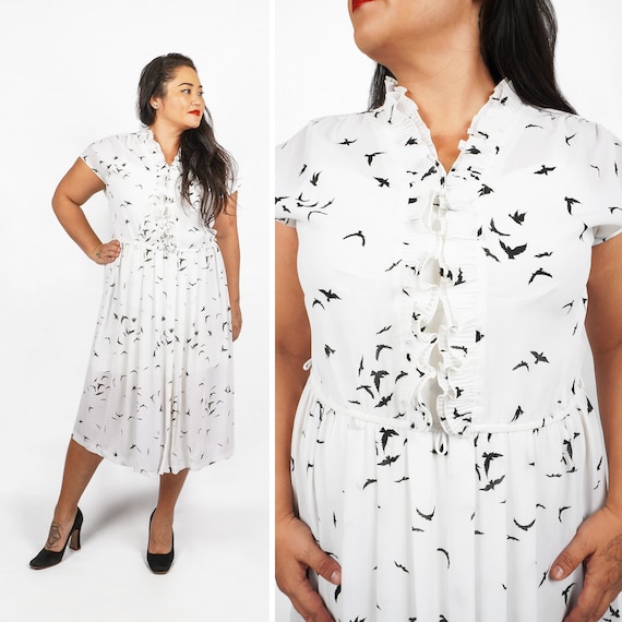 Vintage 1980s White & Black Ruffle Bird Print Dress by - Etsy