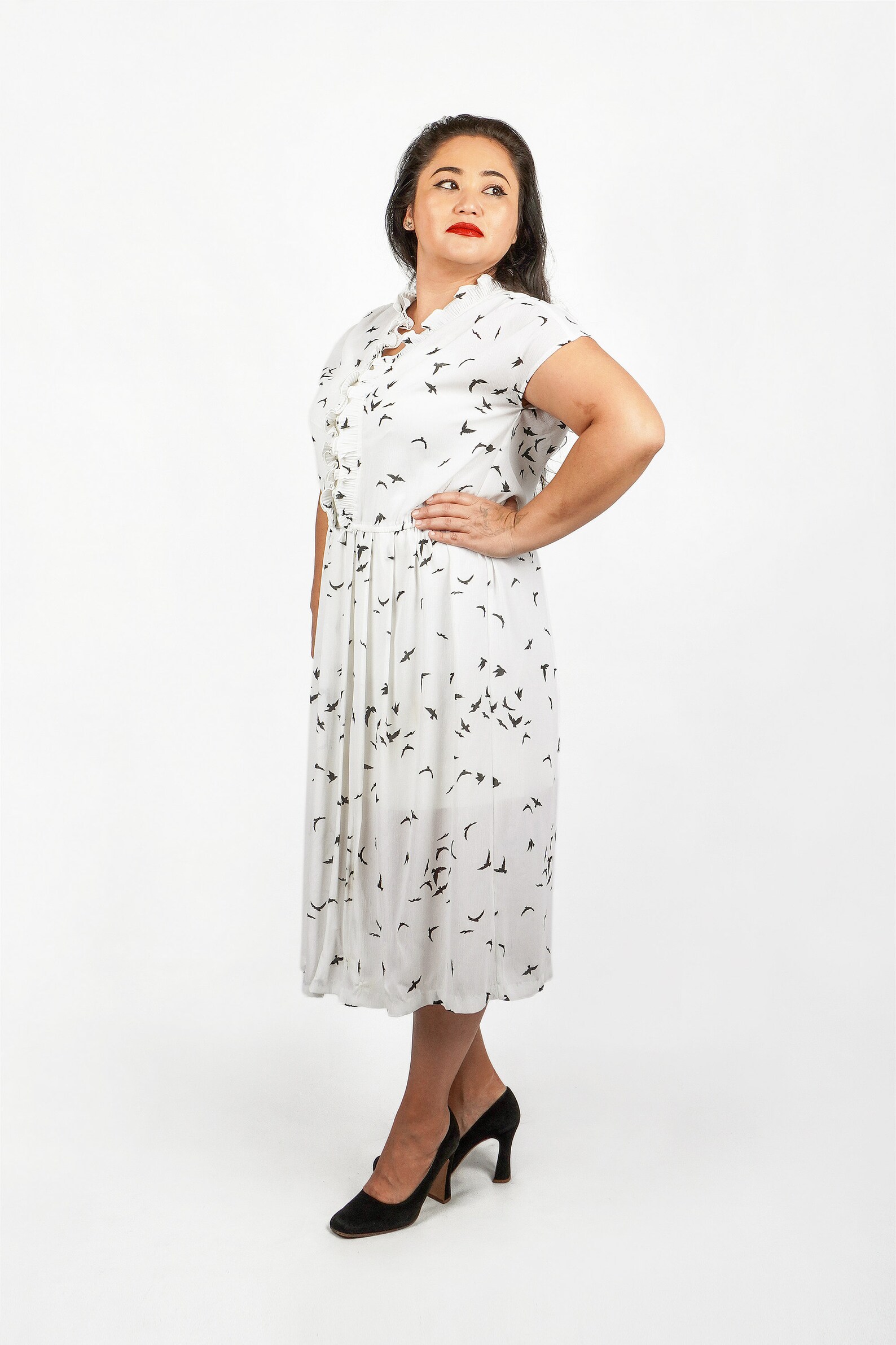 Vintage 1980s White & Black Ruffle Bird Print Dress by Stitches Plus ...