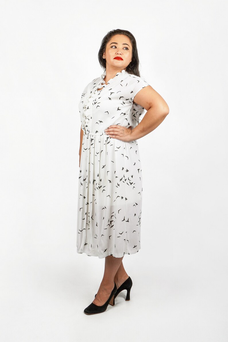 Vintage 1980s White & Black Ruffle Bird Print Dress by - Etsy