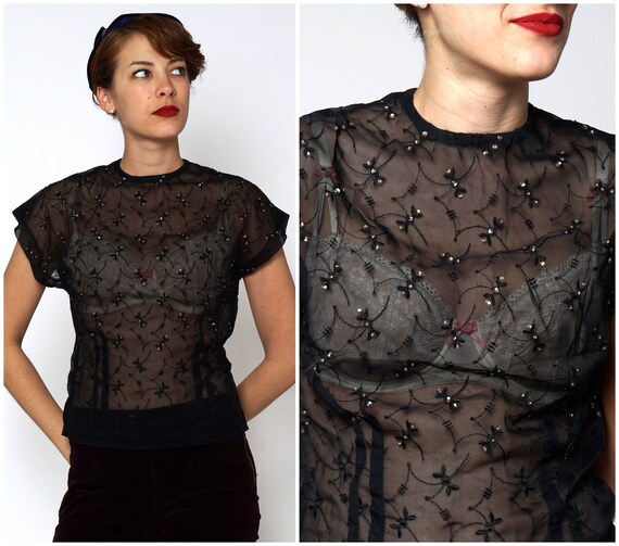 Vintage 1960s Black Sheer Top with Embroidered Sequin… - Gem