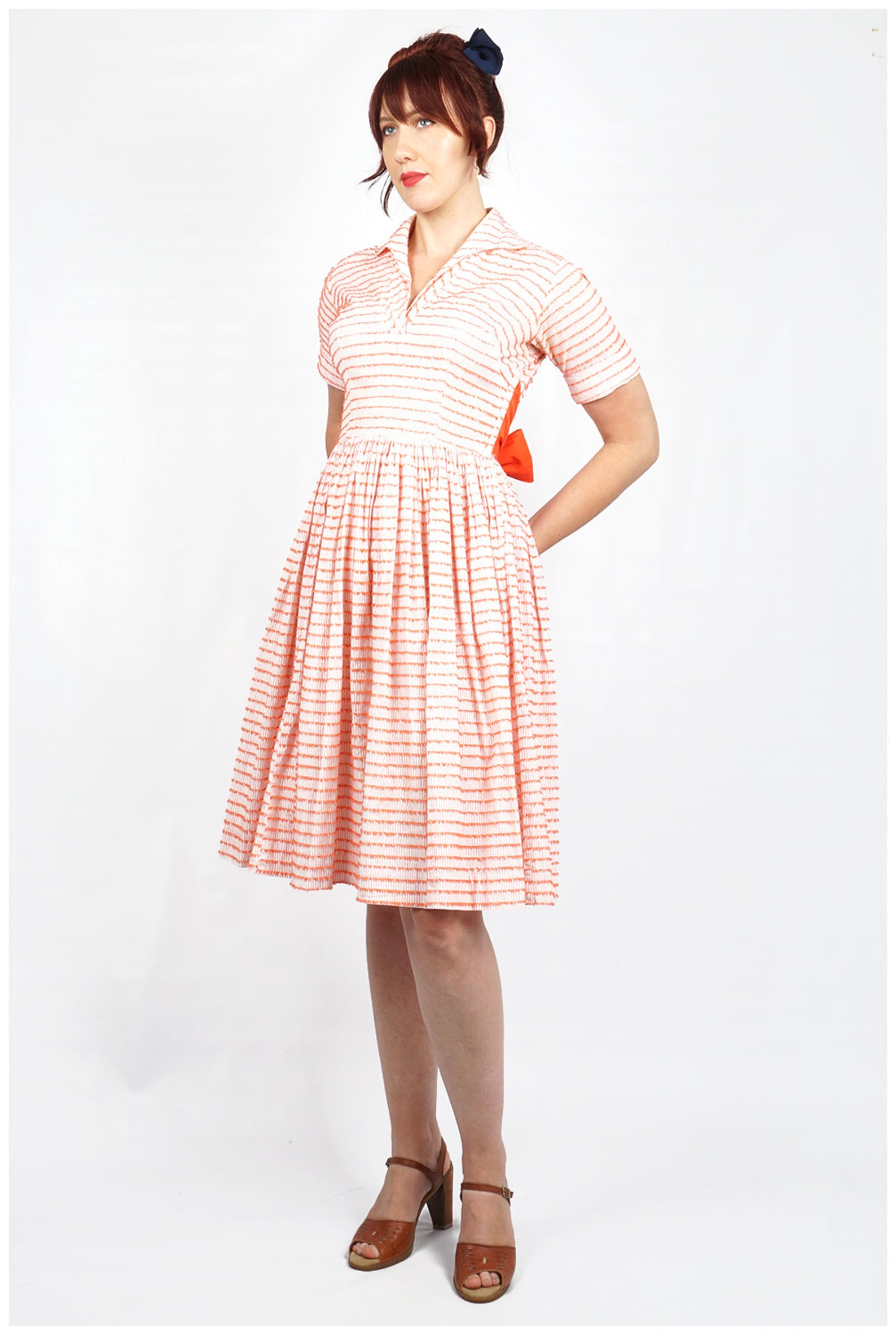 Vintage 1950s White and Orange Striped Textured Fit and Flare - Etsy