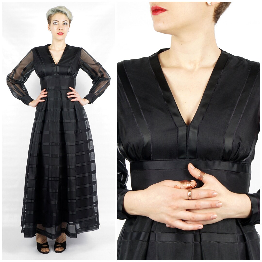 Fabulous Vintage 1960s/70s Black Ribbon and Mesh Long Sleeve Maxi Gown ...