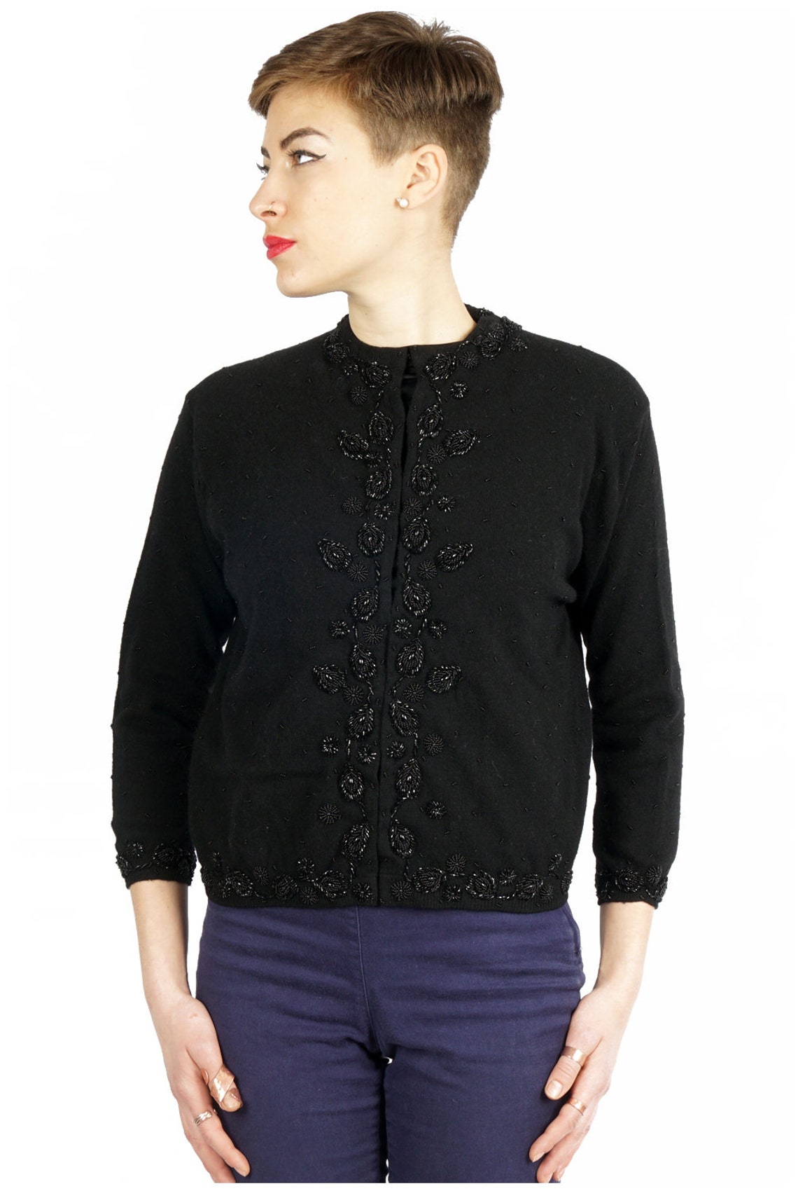 Ornate Vintage 1950s Wool Blend Black Knit Cardigan With Peacock ...