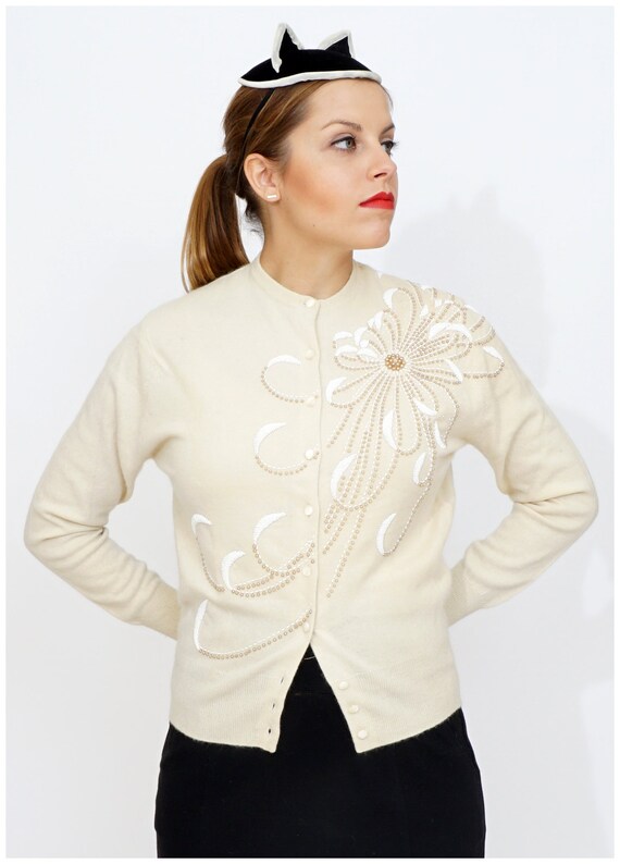 Vintage 1960s Ivory Cardigan Sweater with Floral Bead… - Gem