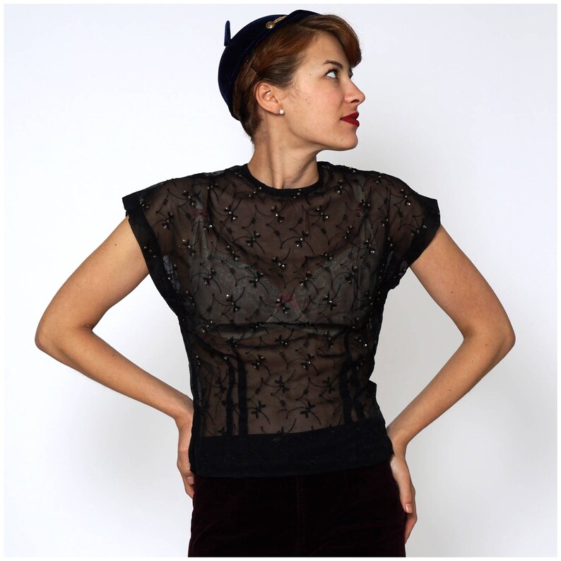 Vintage 1960s Black Sheer Top With Embroidered Sequin Detail - Etsy