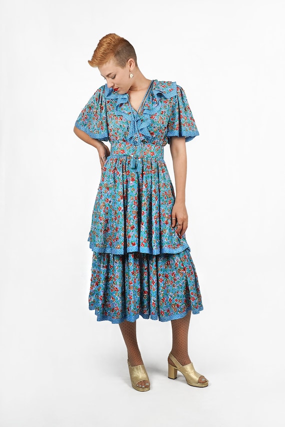 Vintage 70s/80s Blue Floral Tiered Ruffle Dress with … - Gem