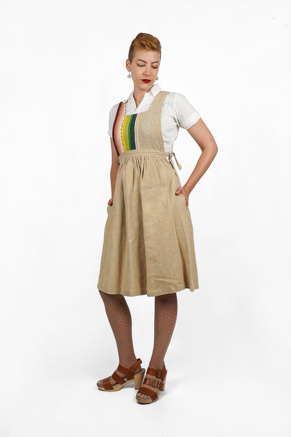 Vintage 1970s Beige & Rainbow Flax and Wool Pinafore … - Gem