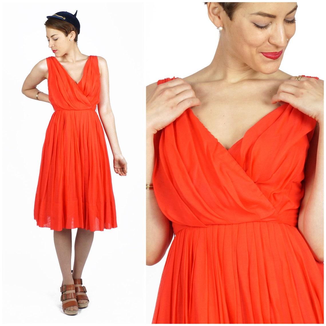 Vintage 1960s Bright Red Cotton Crossover Bodice Sleeveless Party Dress ...