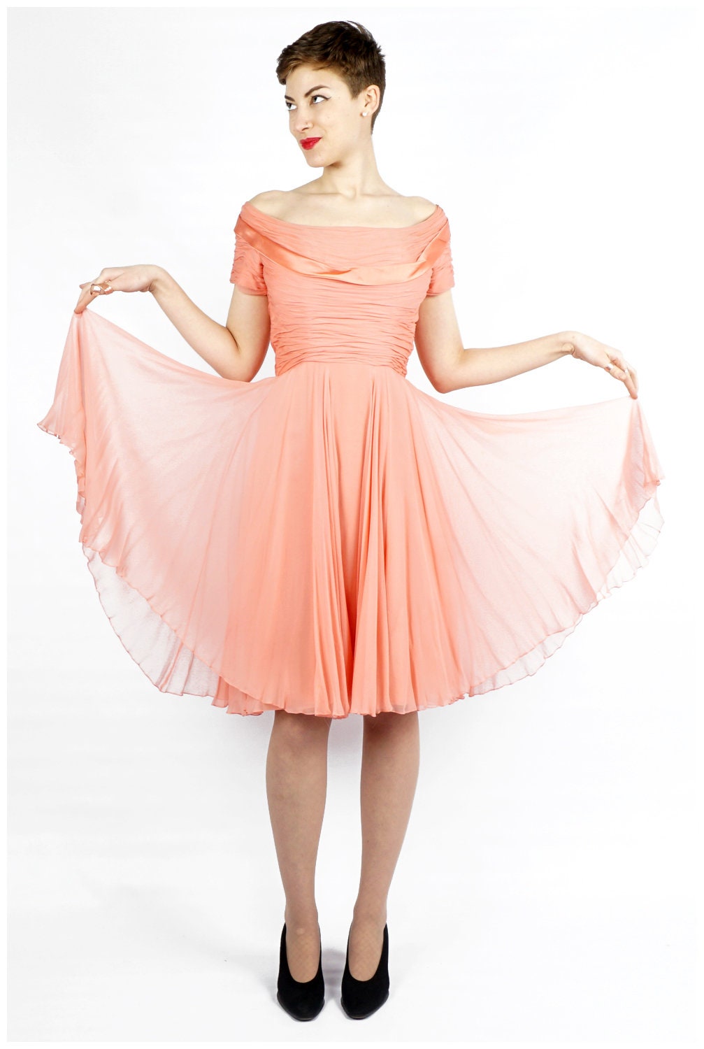 Vintage 50s Springtime Peachy Pink Chiffon Off-the-shoulder Party Dress ...