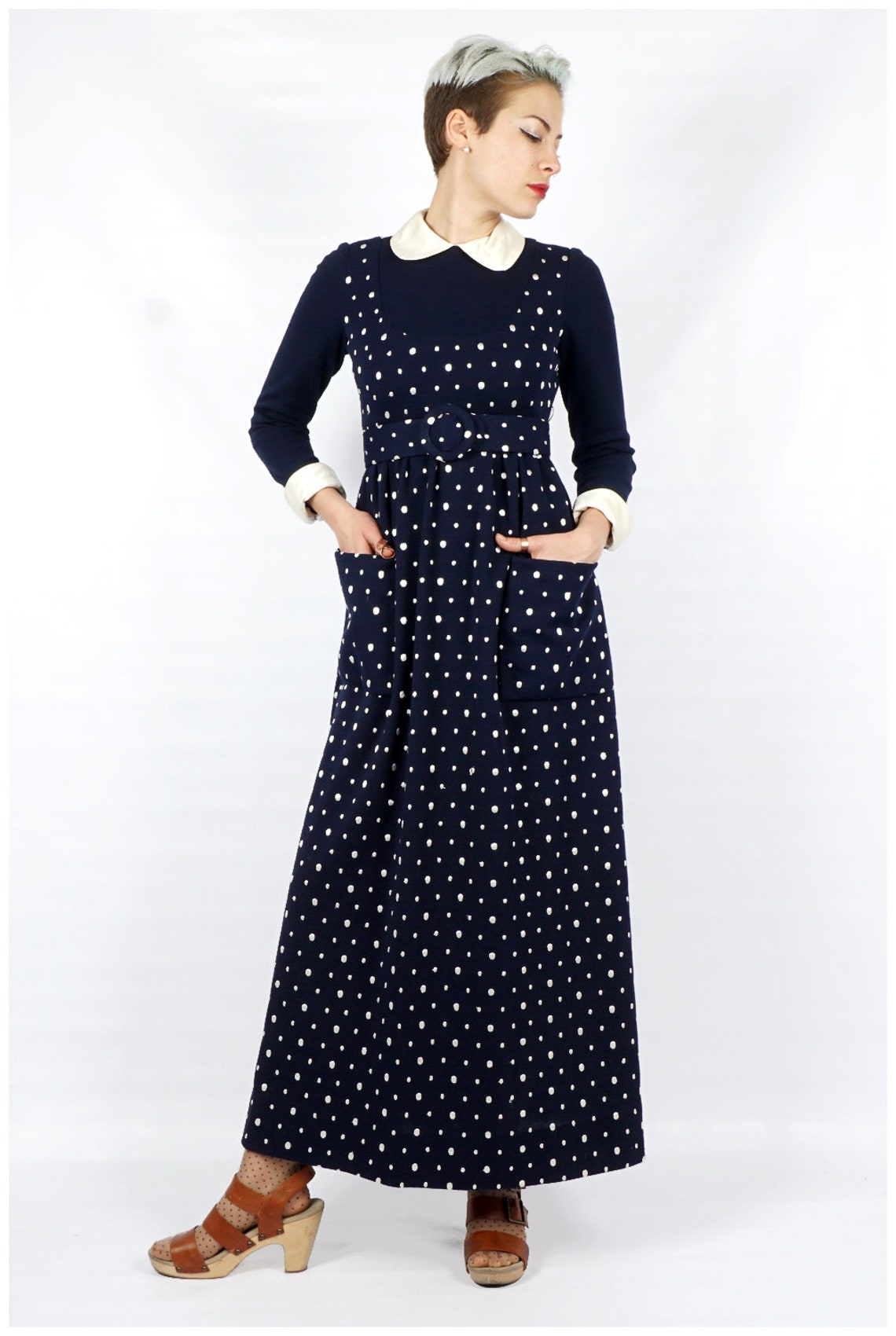 Chic Vintage 60s/70s Navy Maxi Jumper Dress w/ Embroidered | Etsy