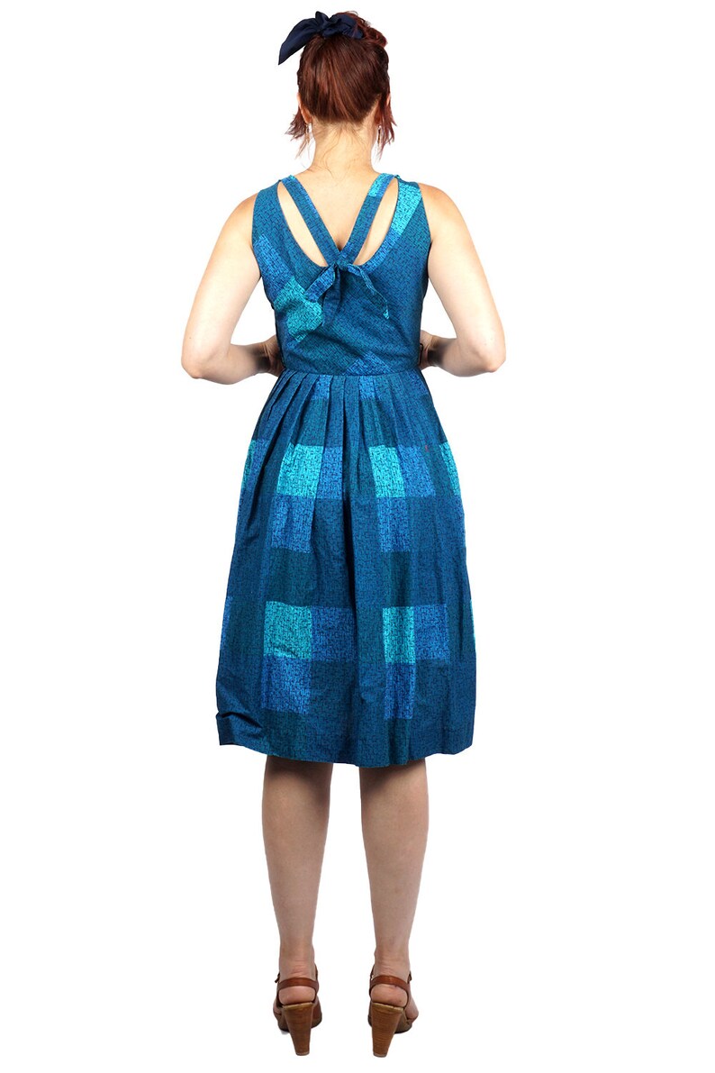 Vintage 1950s Fit and Flare Blue and Teal Bold Checkered Square Batik ...