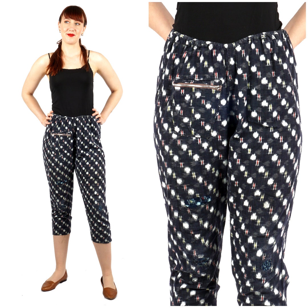 Vintage Japanese Workwear Soft Woven Indigo Blue Ikat Kasuri Capri ...