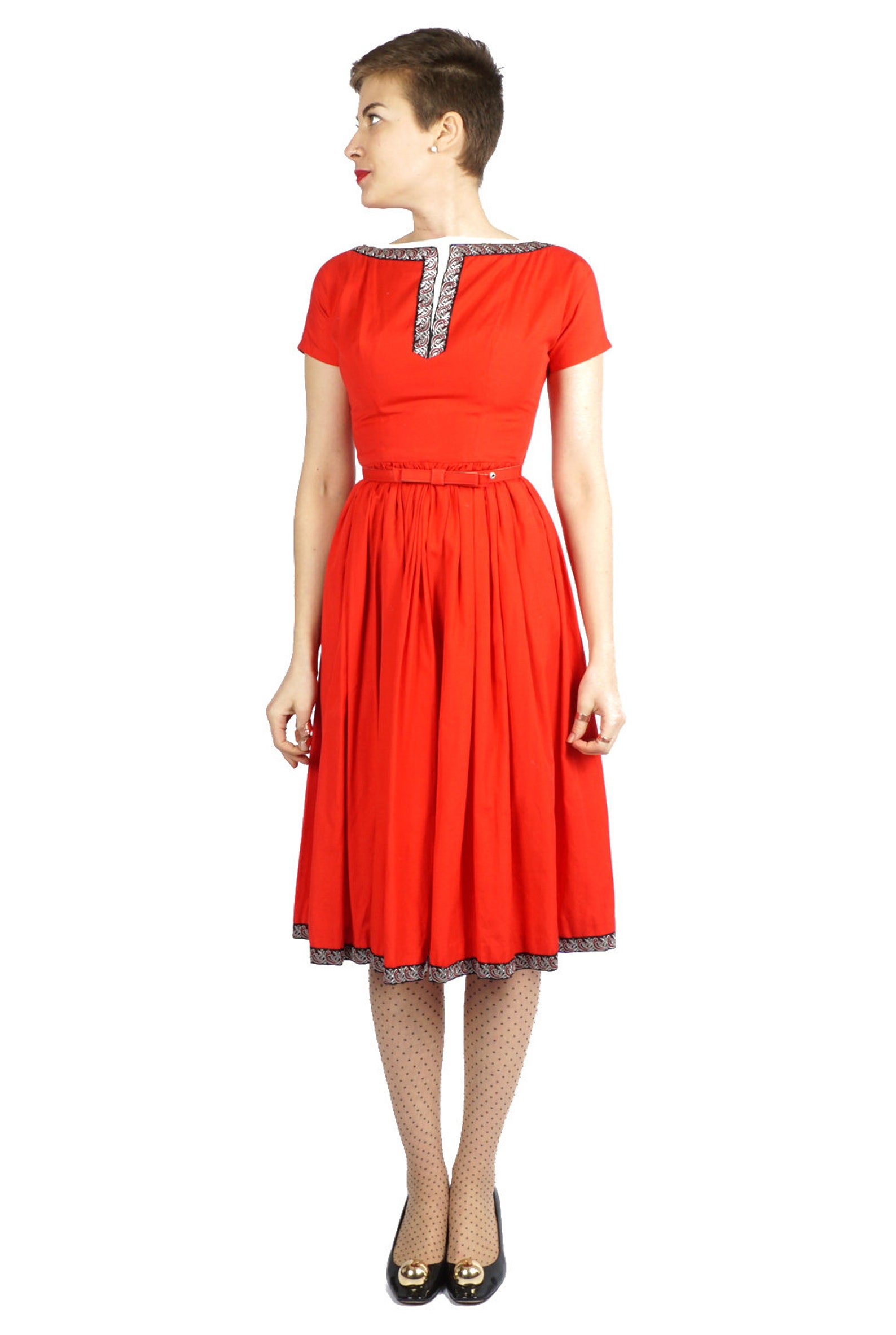 Vintage 1950s Red Fit and Flare Cotton Day Dress with Metallic | Etsy