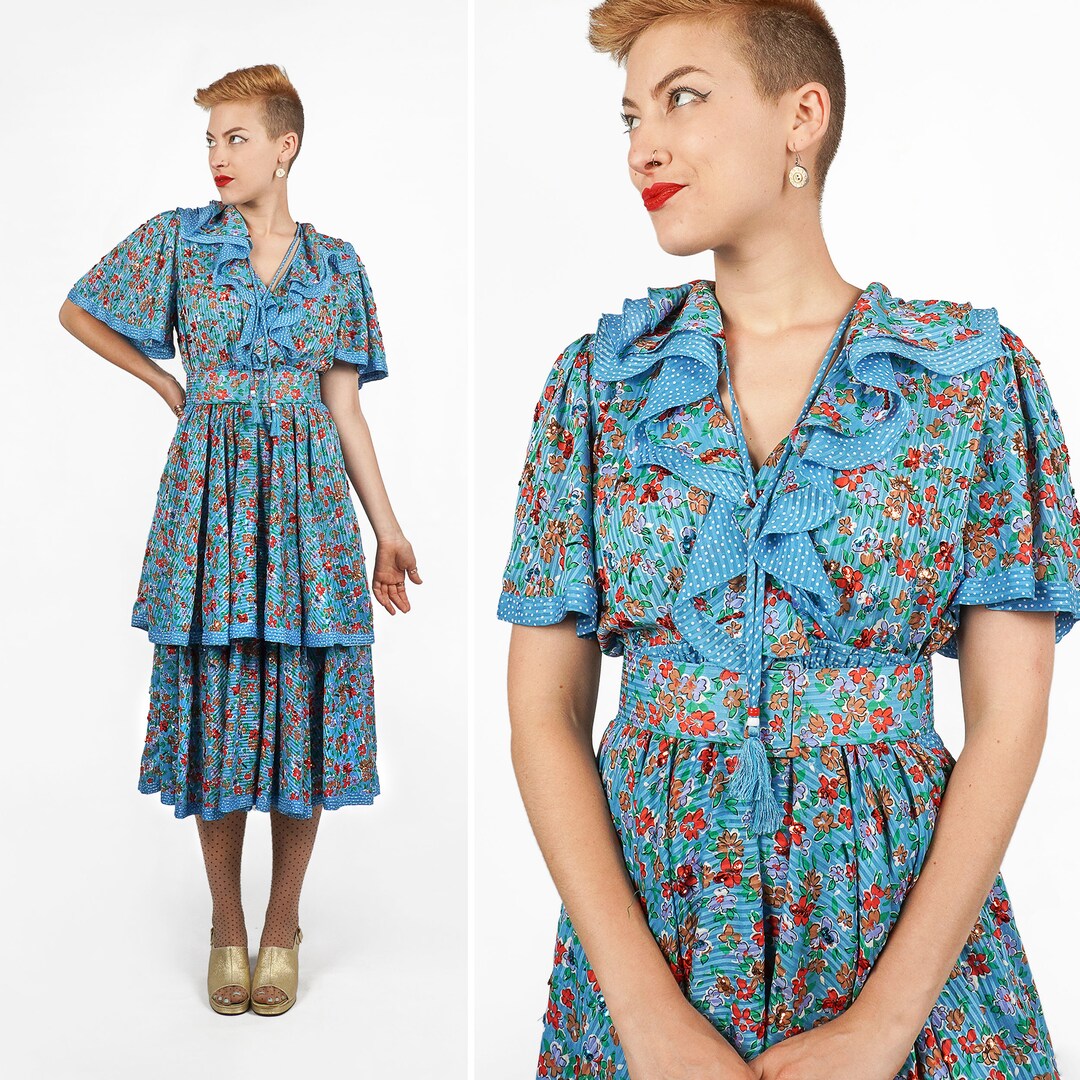Vintage 70s/80s Blue Floral Tiered Ruffle Dress With Elastic Waist ...