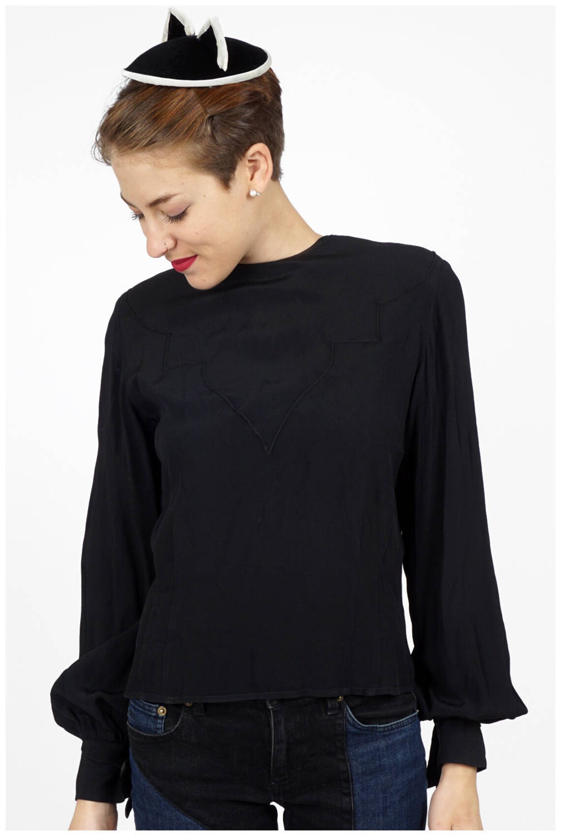 Vintage 1930s/40s Black Long Sleeved Tailored Blouse With Raised Piping ...