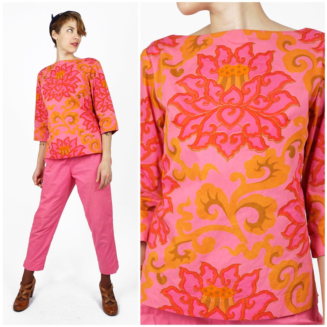 Vintage 1960s Vibrant Pink Lotus Flower Floral Print 2 Pc Pant Set by ...