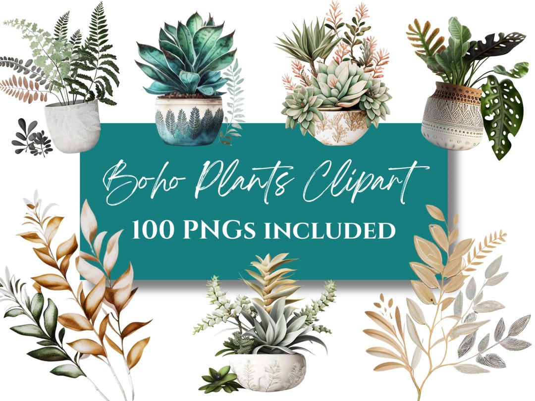 Boho Plants Clipart: 100 PNG Graphics, Goodnotes Stickers (digital ...