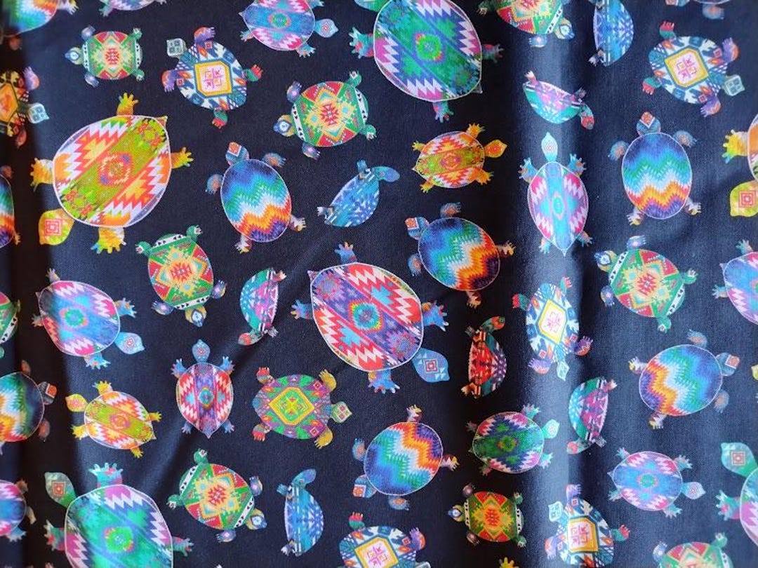 Colorful Turtle Design on Black Background, 100% Cotton. QT Fabrics ...
