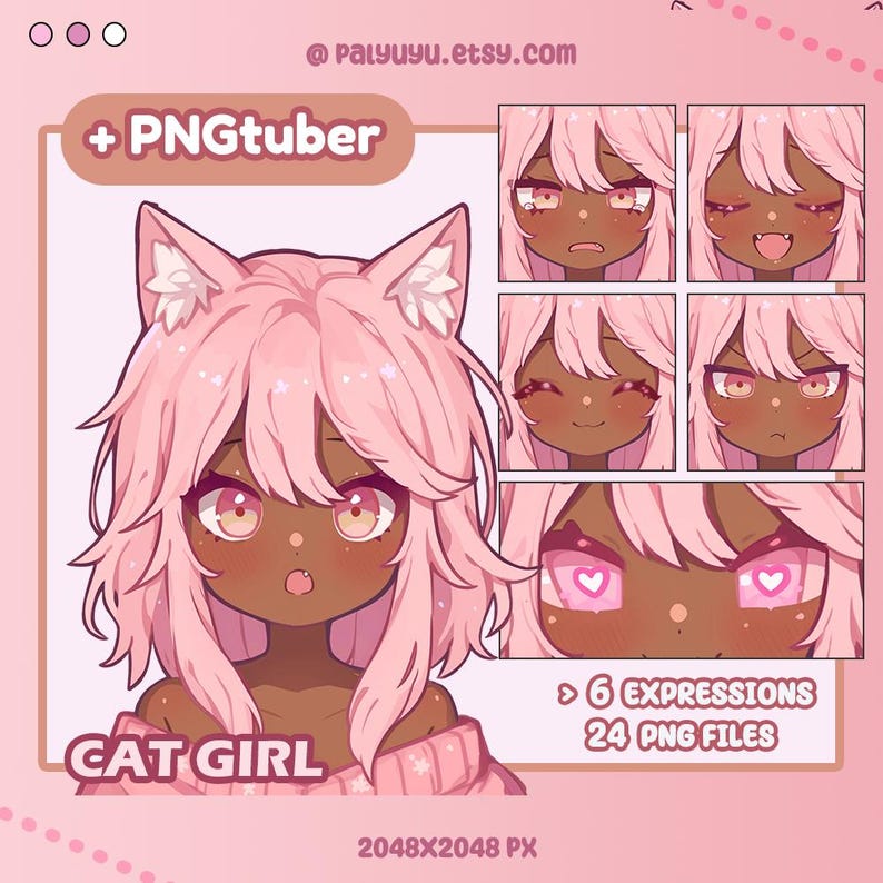 Cute Cat Girl Pngtuber | Chibi Kawaii | Dark Skin | Pink Hair | Ready ...